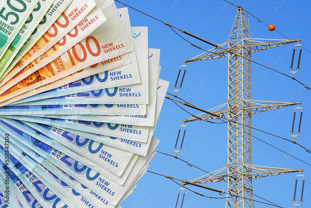 New Israeli shekel banknotes on electric pole background. Energy crisis ...
