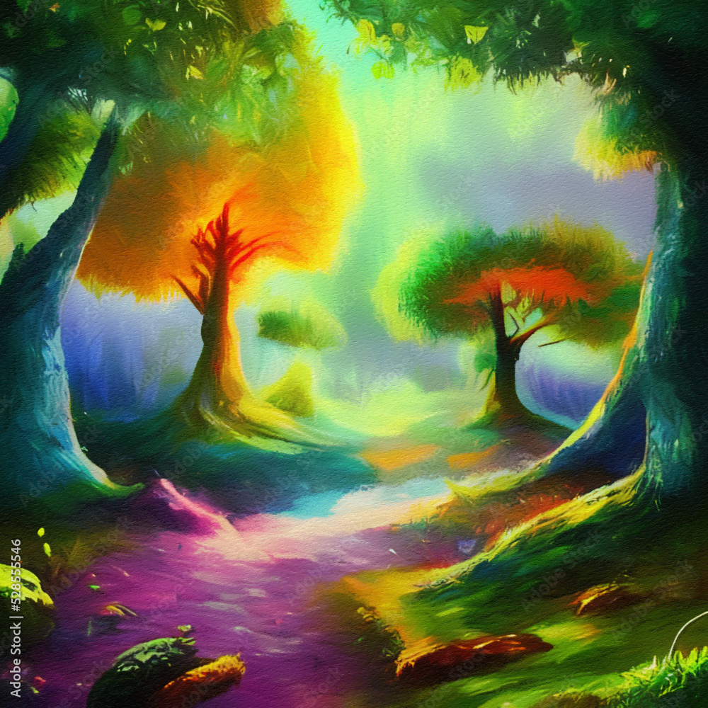Watercolor and oil fantasy forest landscape, magic trees, mushrooms ... Watercolor and oil fantasy forest landscape, magic trees, mushrooms ...