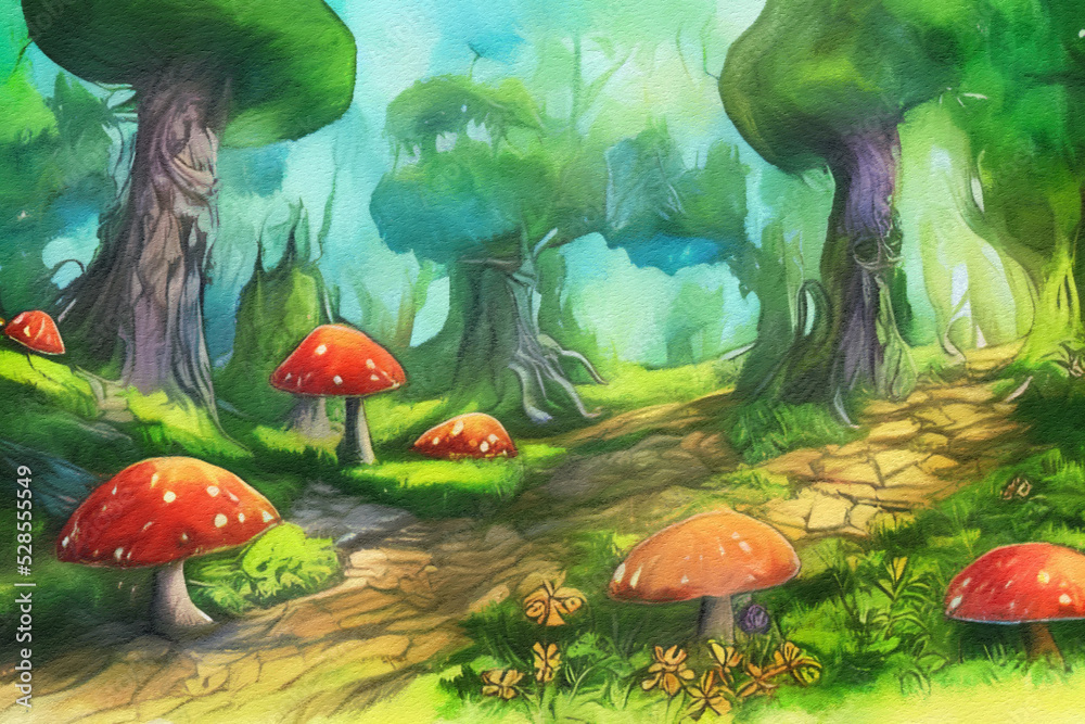 Watercolor and oil fantasy forest landscape, magic trees, mushrooms ...