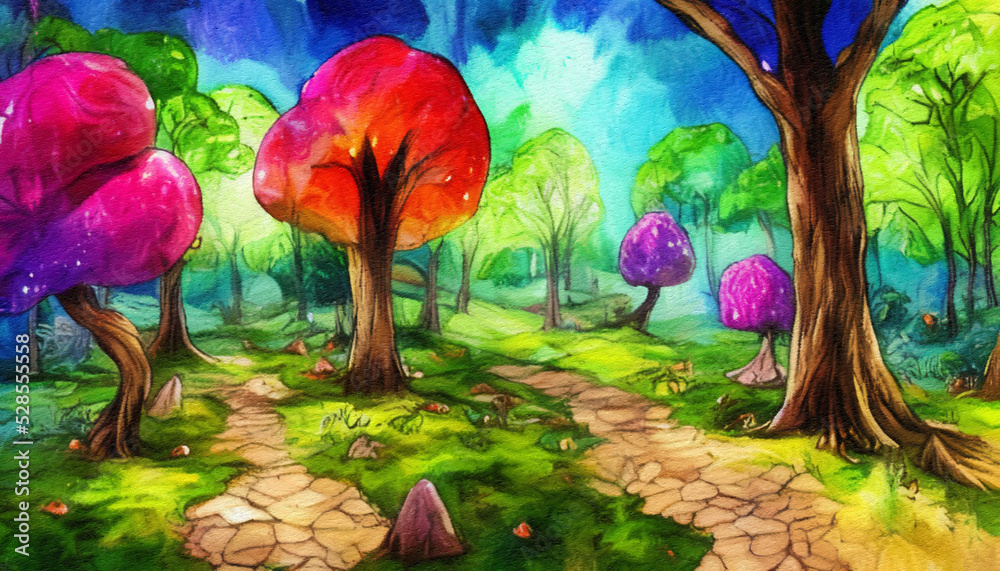 Watercolor and oil fantasy forest landscape, magic trees, mushrooms ...