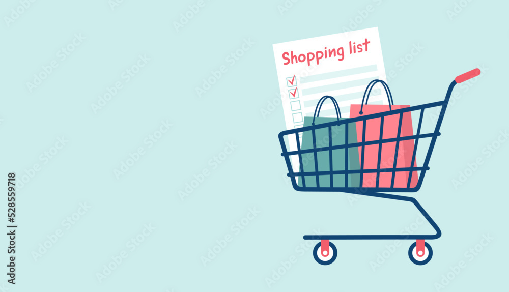 Shopping list and packages with purchases in a supermarket shopping ...