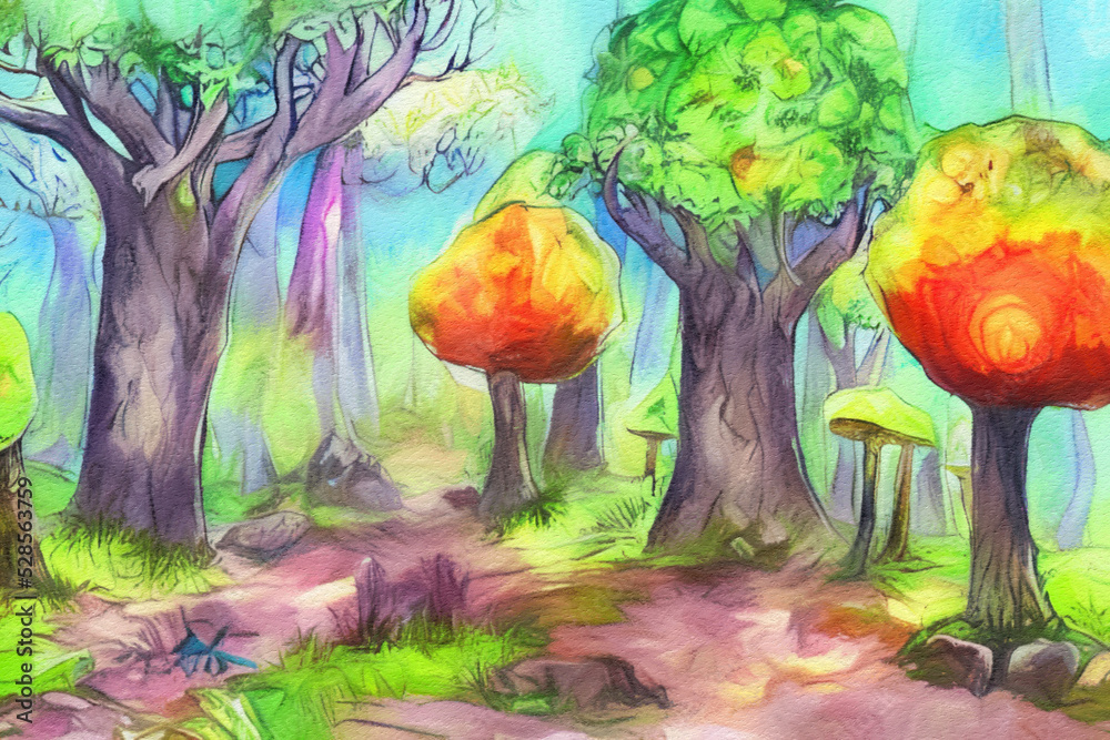 Watercolor and oil fantasy forest landscape, magic trees, mushrooms ...