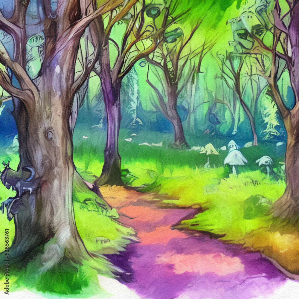 Watercolor and oil fantasy forest landscape, magic trees, mushrooms ...