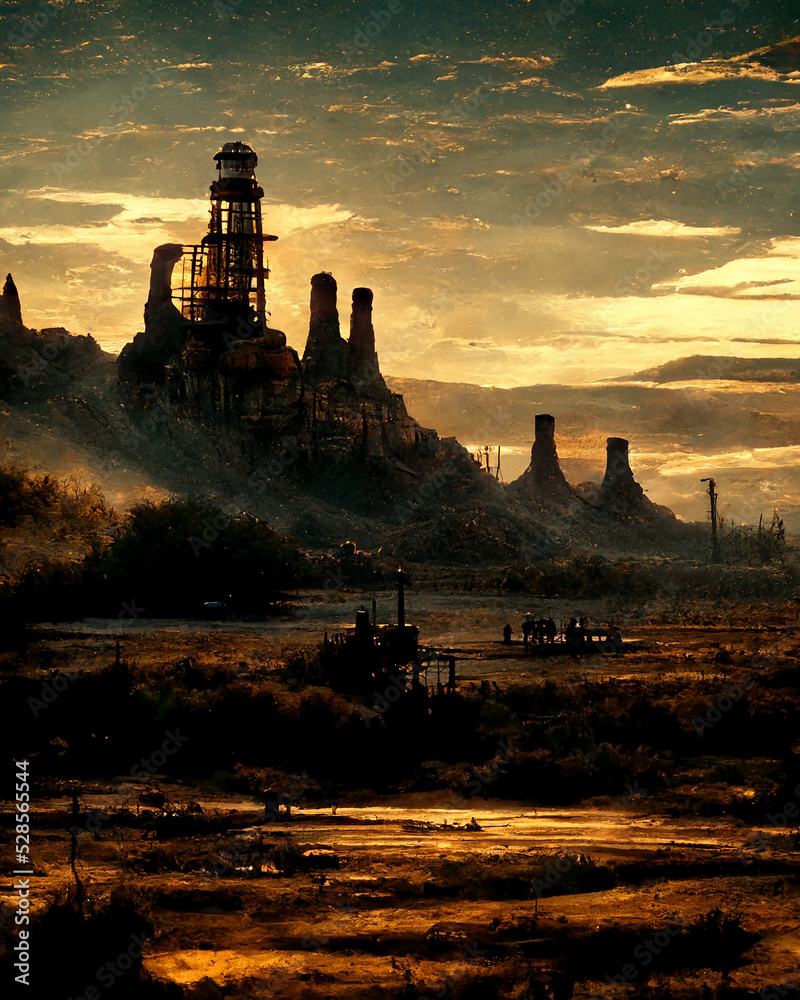 Dieselpunk Factory in Wild West Landscape CG Digital Painting Art ...