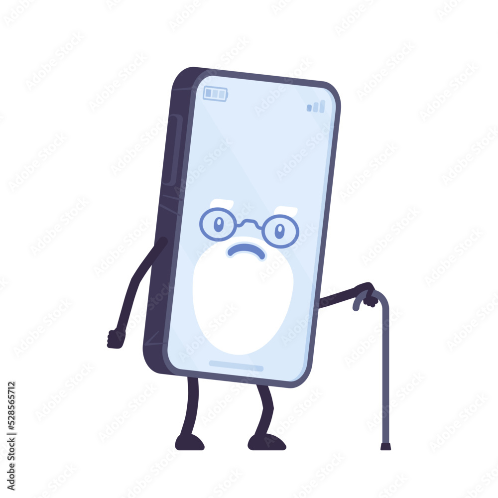Smartphone cartoon character, old gadget. Grandfather with walking ...
