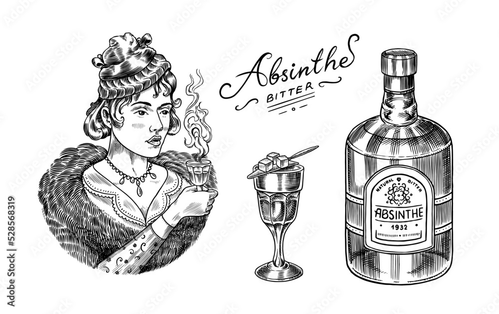 Absinthe label badge. Bottle and Shot glass. Victorian woman holding a ...