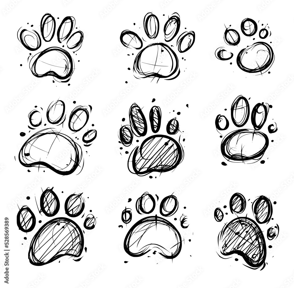 Paw prints dog animal feet scribble doodle hand drawn black and white ...