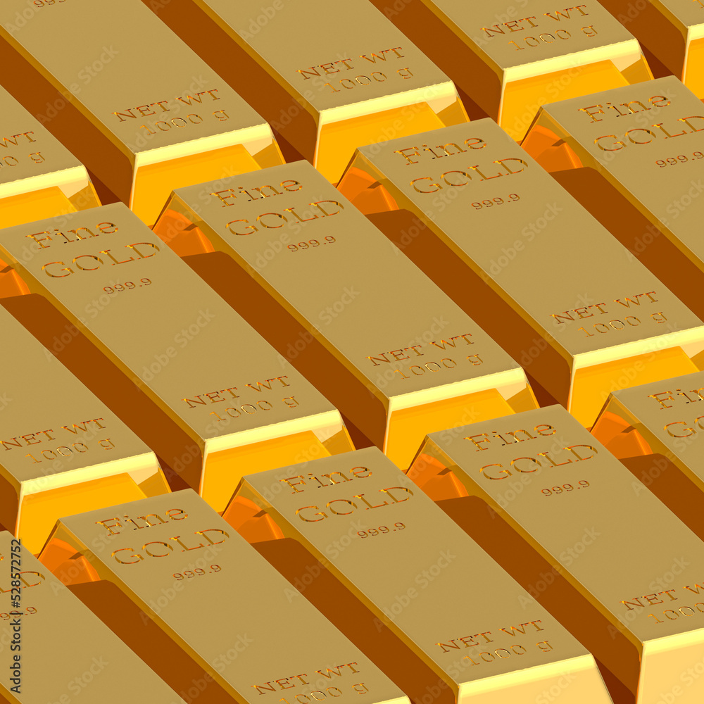 Gold bars stacked. Fine Gold 999.9 1000 gr. 3D Render. Isolated on white background. Stock ...