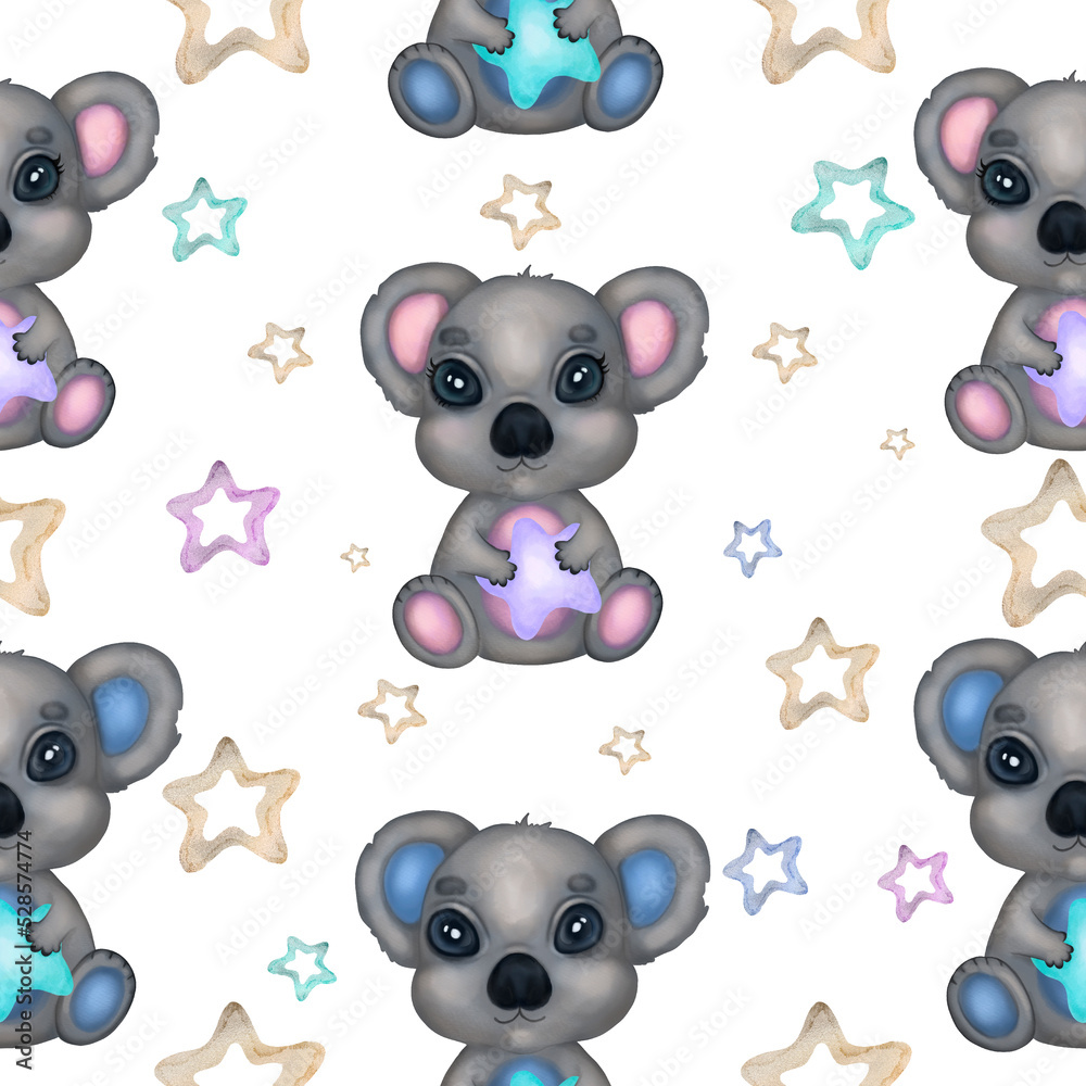 Cute baby koala with colorful stars seamless pattern. Hand drawn ...