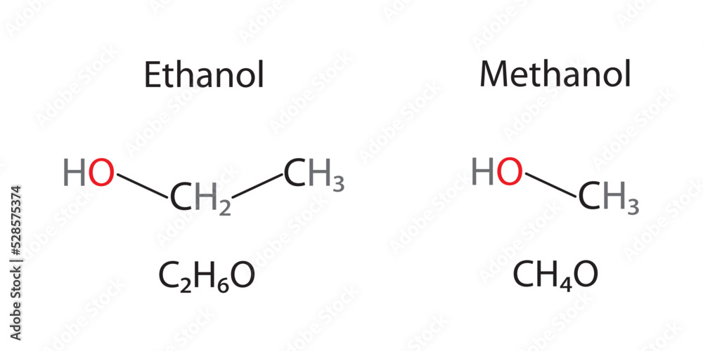 Ethanol ve methanol molecular models and chemical formulas of alcohol compounds. Stock Vector ...