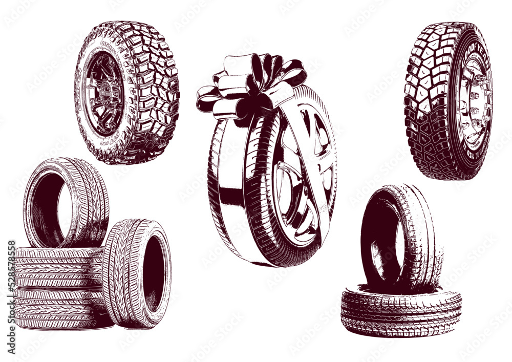 Car wheel tire set isolated hand drawn sketch vector on white ...
