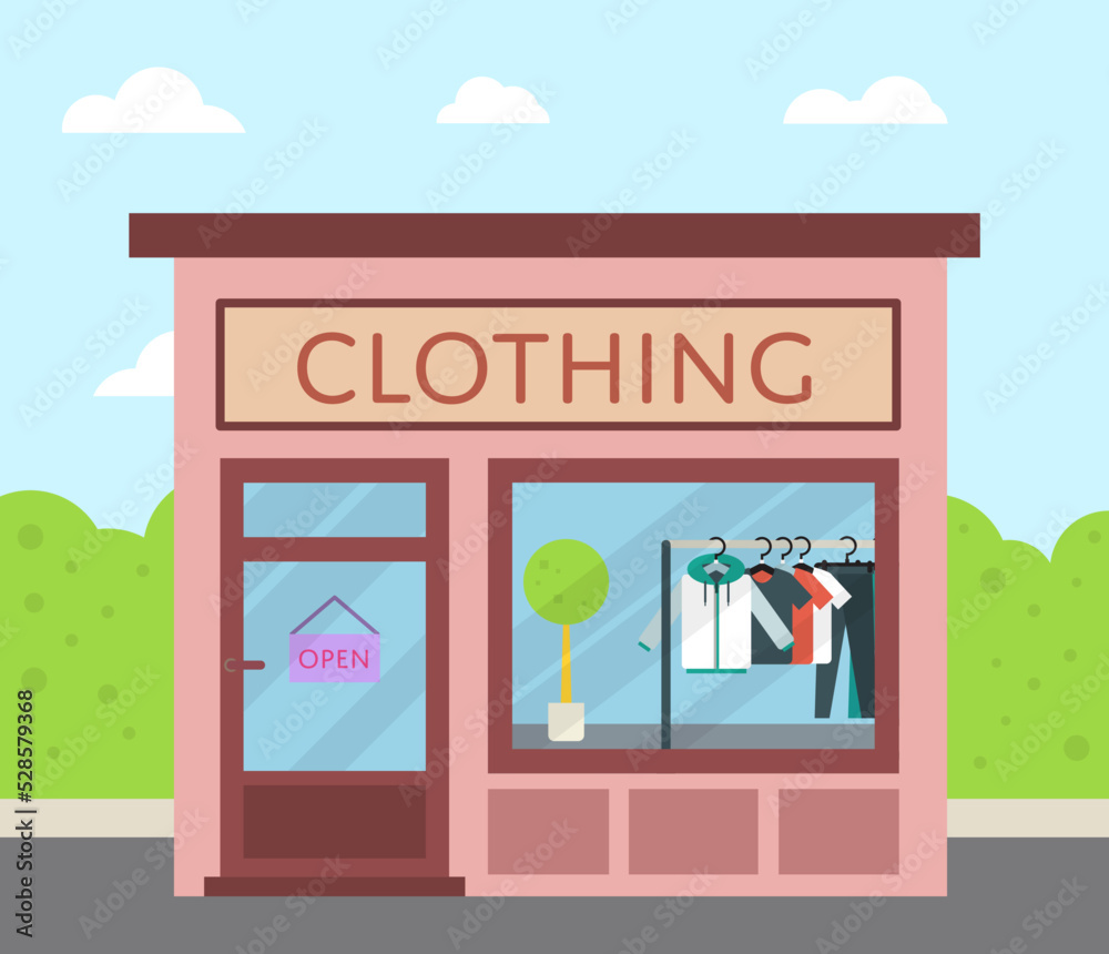 Facade clothing store with sign board and clothes in shop window vector ...