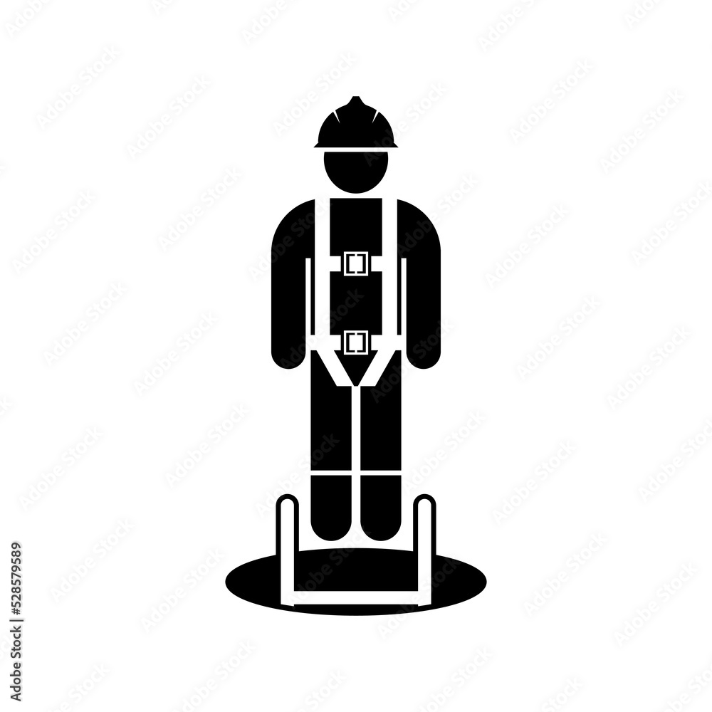 Icon of worker wear fall arrest standing next to manhole. Confined ...
