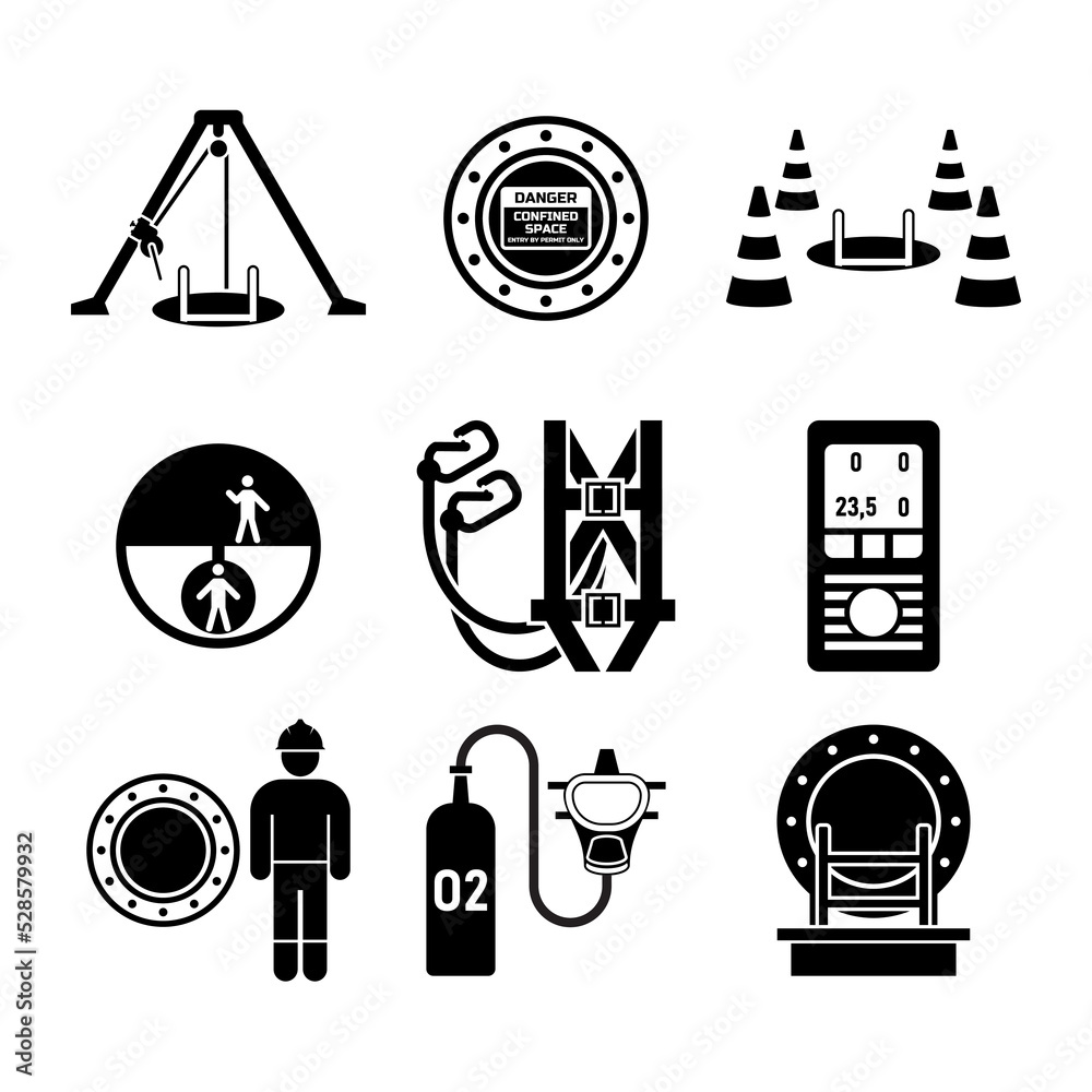 Set of confined space work entry safety equipment icon and symbol for ...