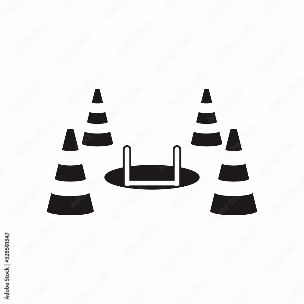 Manhole with four cone of confined space work illustration. Icon, sign ...