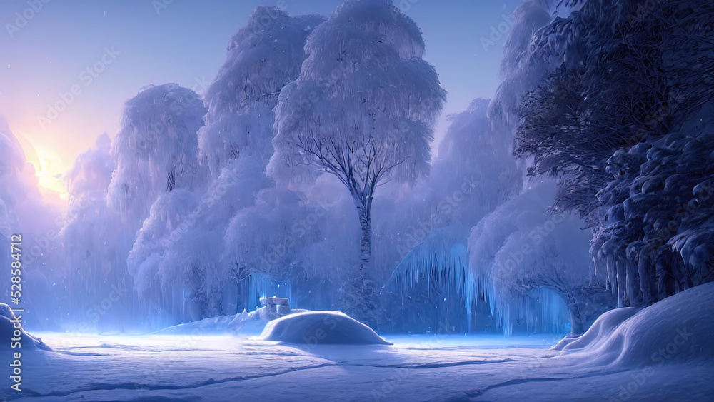 Fantasy winter landscape, frozen river, trees in the snow. Beautiful ...