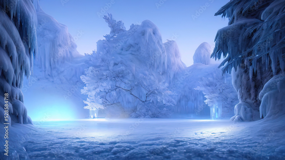 Fantasy winter landscape, frozen river, trees in the snow. Beautiful ...