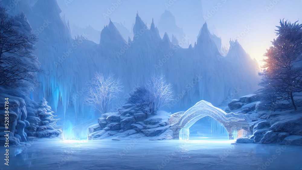 Fantasy winter landscape, frozen river, trees in the snow. Beautiful ...