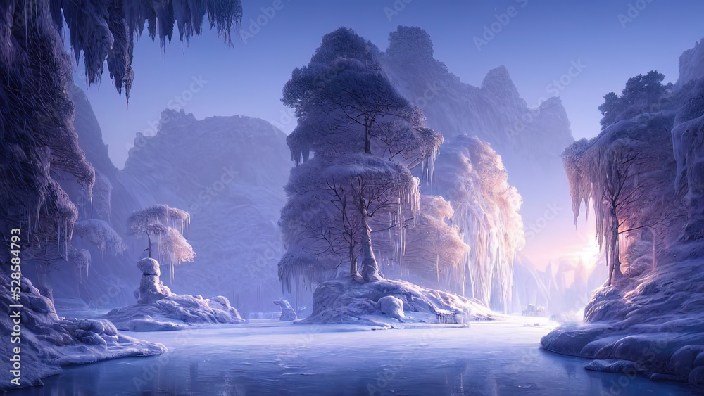 Fantasy winter landscape, frozen river, trees in the snow. Beautiful ...