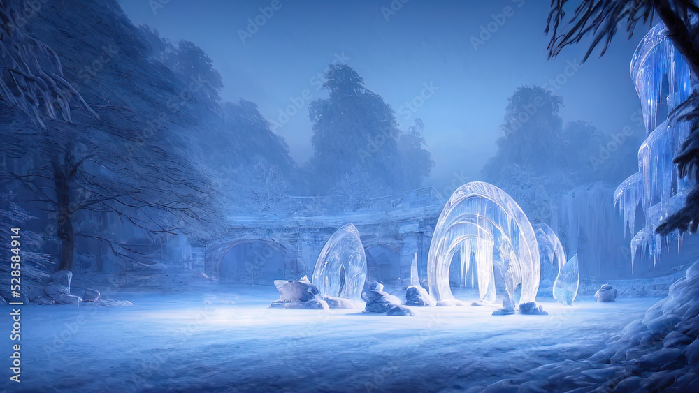 Fantasy winter landscape, frozen river, trees in the snow. Beautiful ...