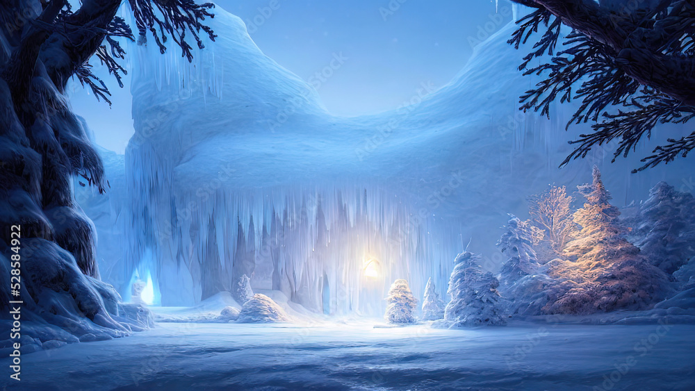 Fantasy winter landscape, frozen river, trees in the snow. Beautiful ...