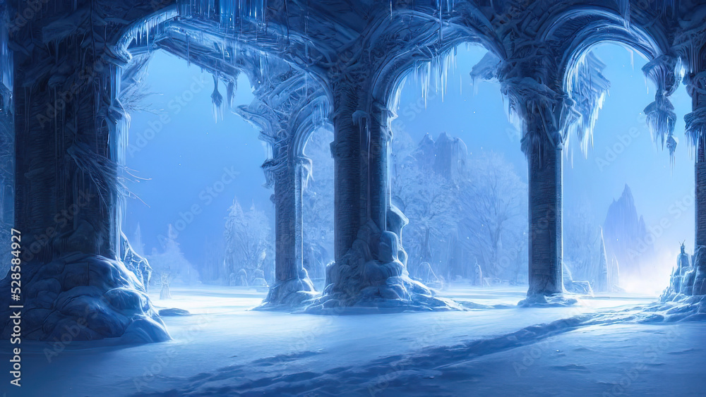 Fantasy winter landscape, frozen river, trees in the snow. Beautiful ...