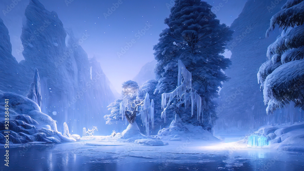 Fantasy winter landscape, frozen river, trees in the snow. Beautiful ...