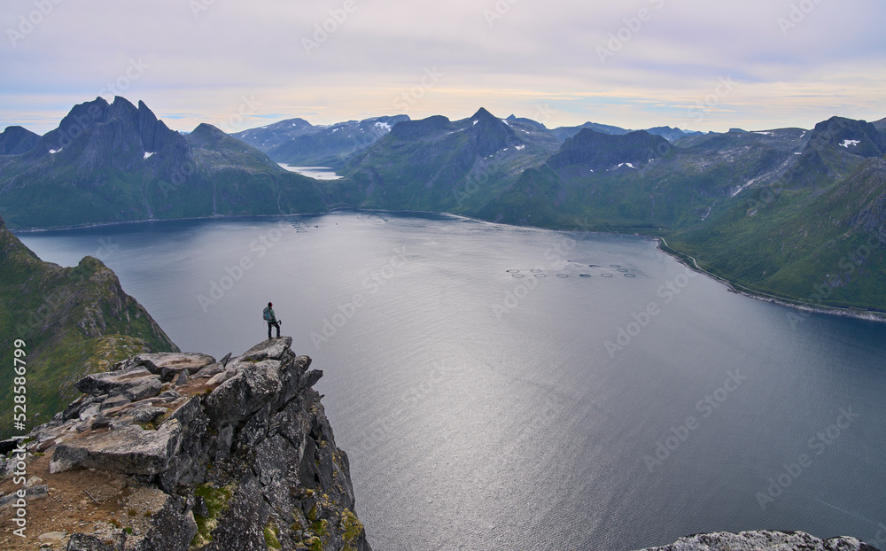 Female hiker posing above a fjord on a way to the summit mount Segla ...