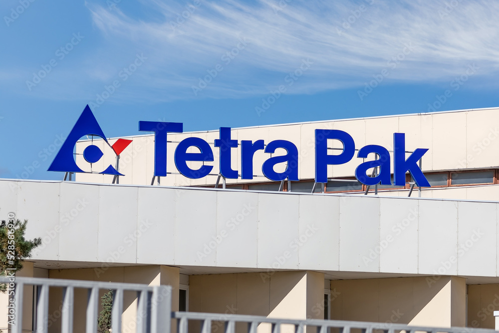 Tetra Pak logo and sign on the roof of the company's office. The ...
