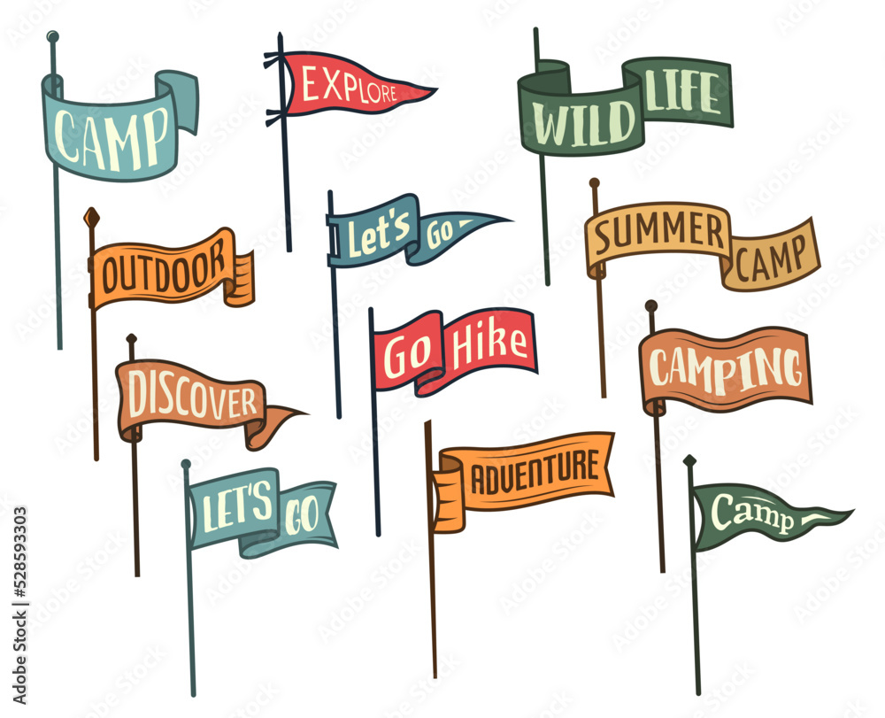 Camping pennant flags, isolated vector varsity scout or university ...