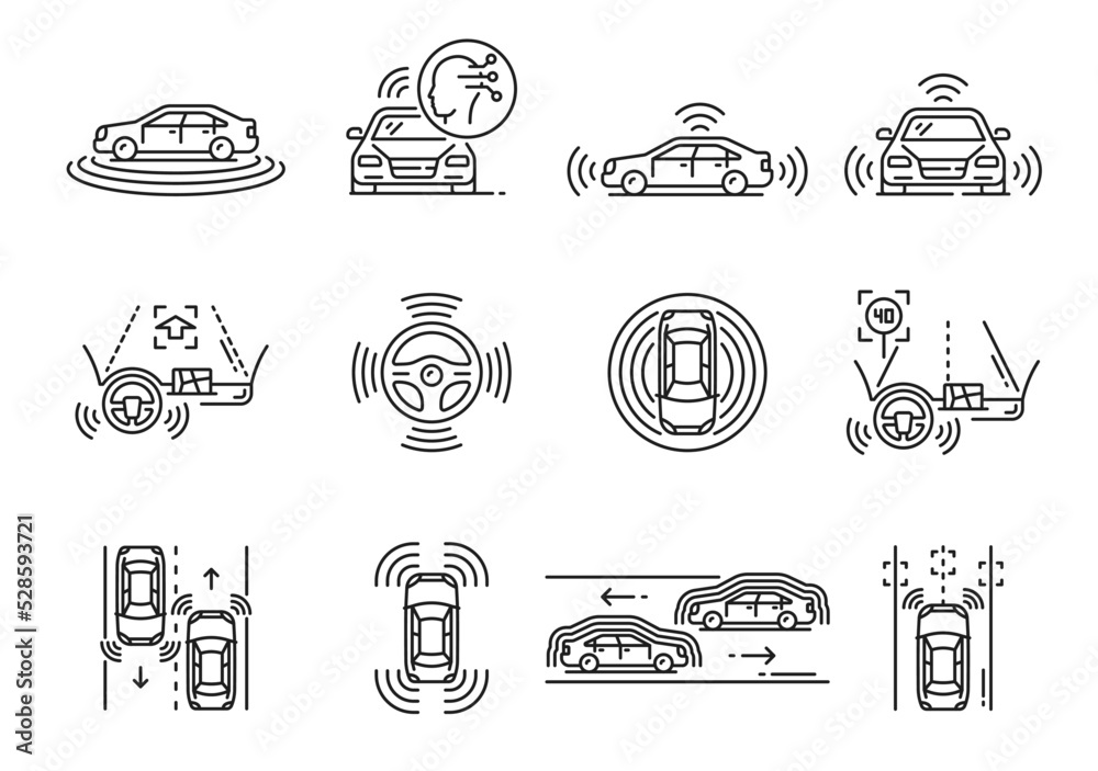 Driverless car and vehicle icons of self driving automobile, vector ...
