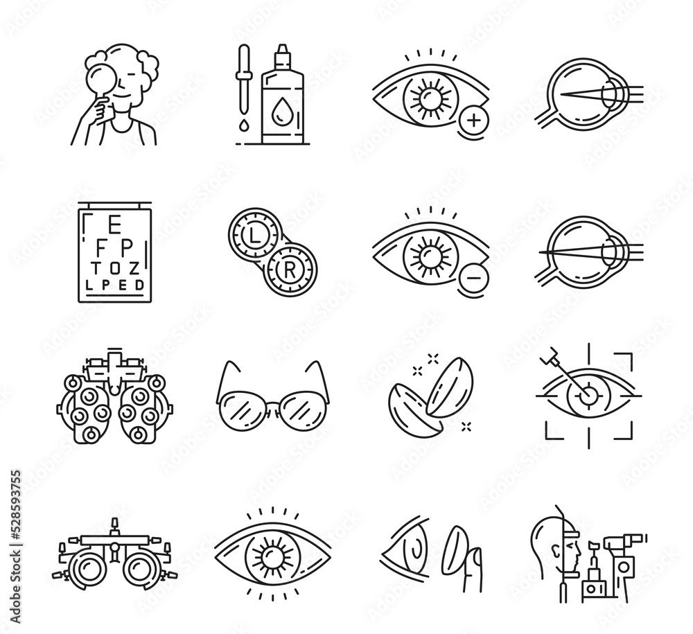 Optometry icons. Laser surgery, eye, phoropter, ophthalmology thin line ...