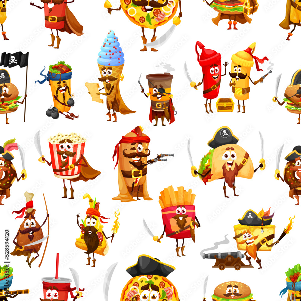 Cartoon takeaway fast food pirates and corsairs seamless pattern ...