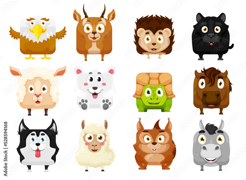 Cartoon kawaii square animal faces. Isolated vector eagle, gazelle ...