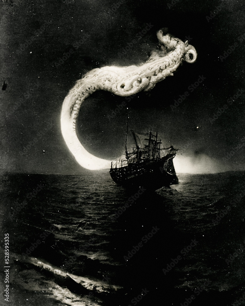 A Giant Kraken Squid Sea Monster attacks a ship at night, photomontage ...