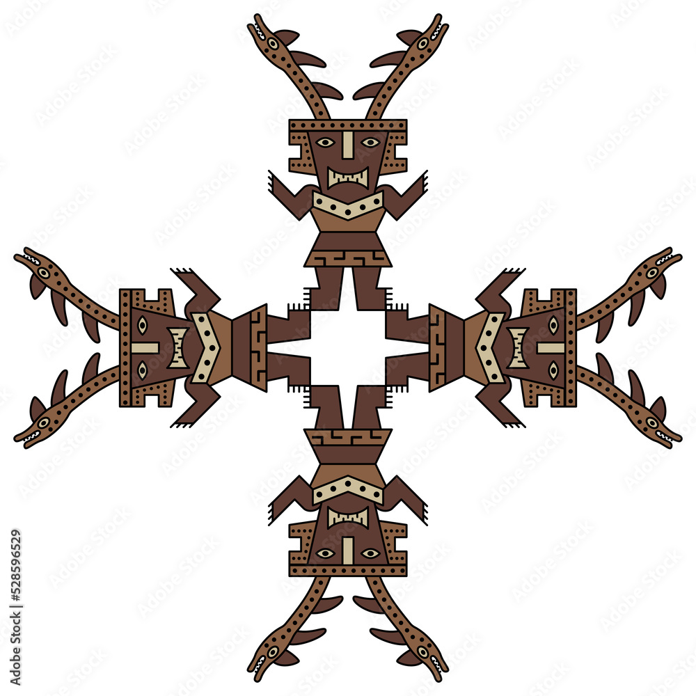 Rectangular cross design with four fantastic characters. Horned man ...