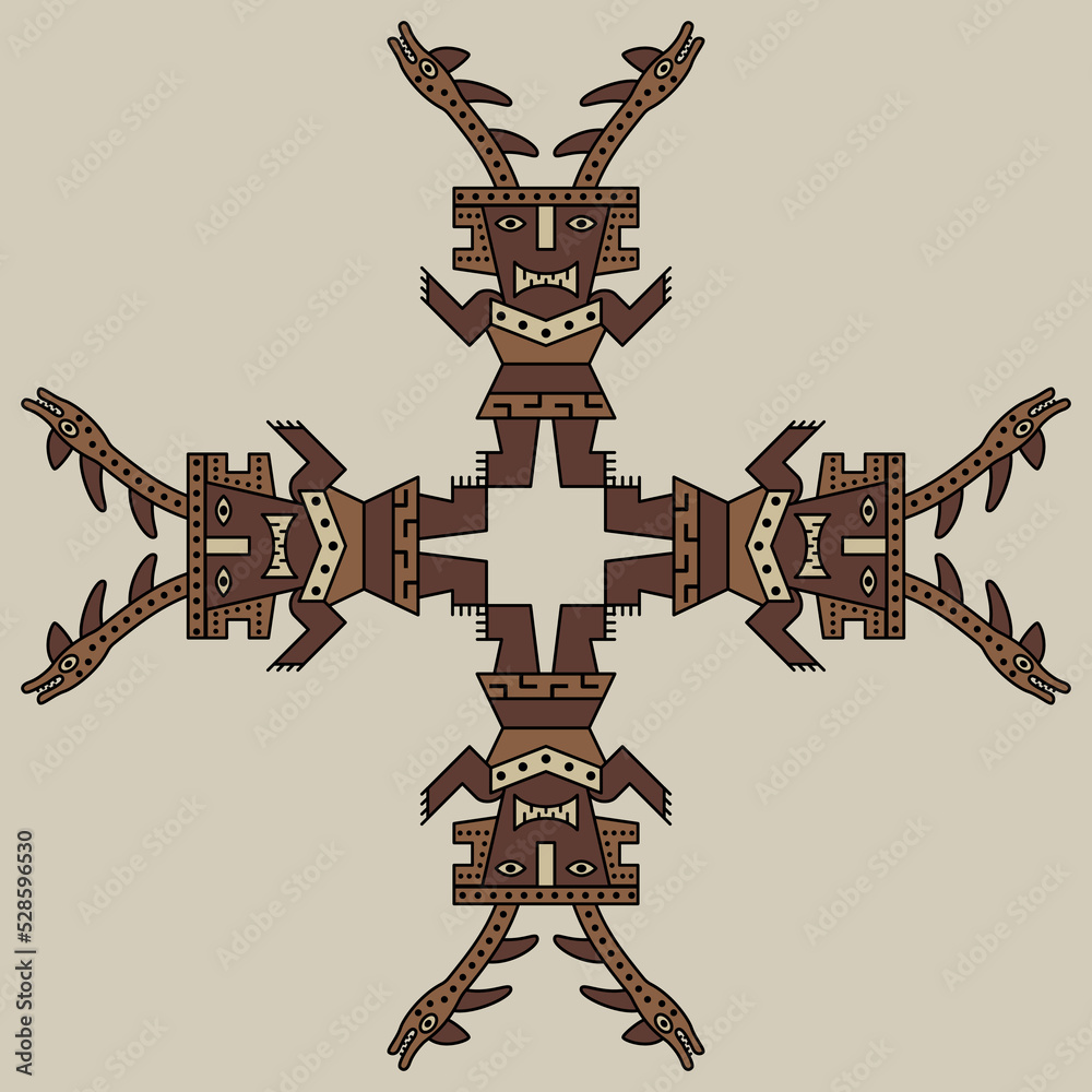 Rectangular cross design with four fantastic characters. Horned man ...