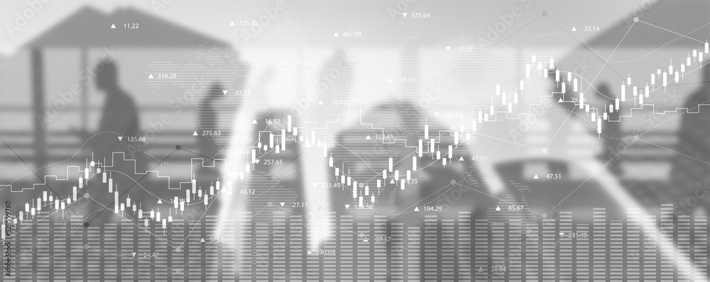 financial chart with line graph in stock market and silhouette people ...