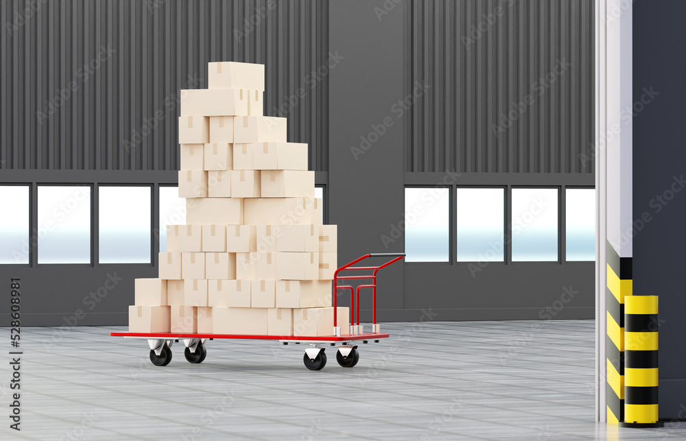 Cart with boxes. Cardboxes warehouse. Trolley for moving goods around ...