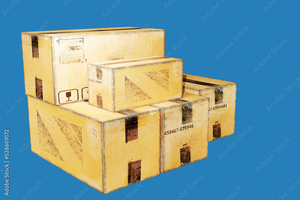 Old cardboard boxes. Warehouse of boxes with fragile symbol. Old boxes ...