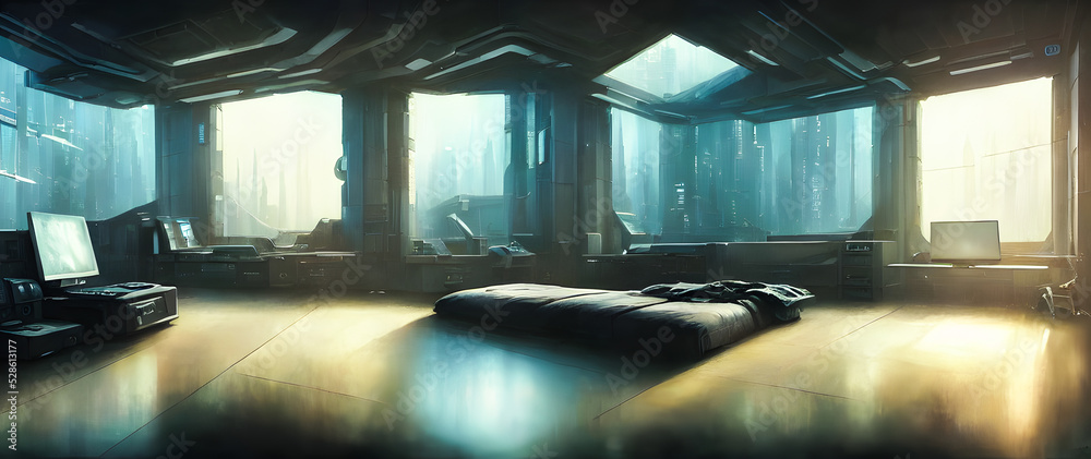 Artistic concept painting of a beautiful home cyberpunk interior ...