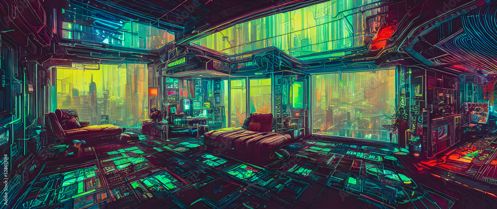 Artistic concept painting of a beautiful home cyberpunk interior ...