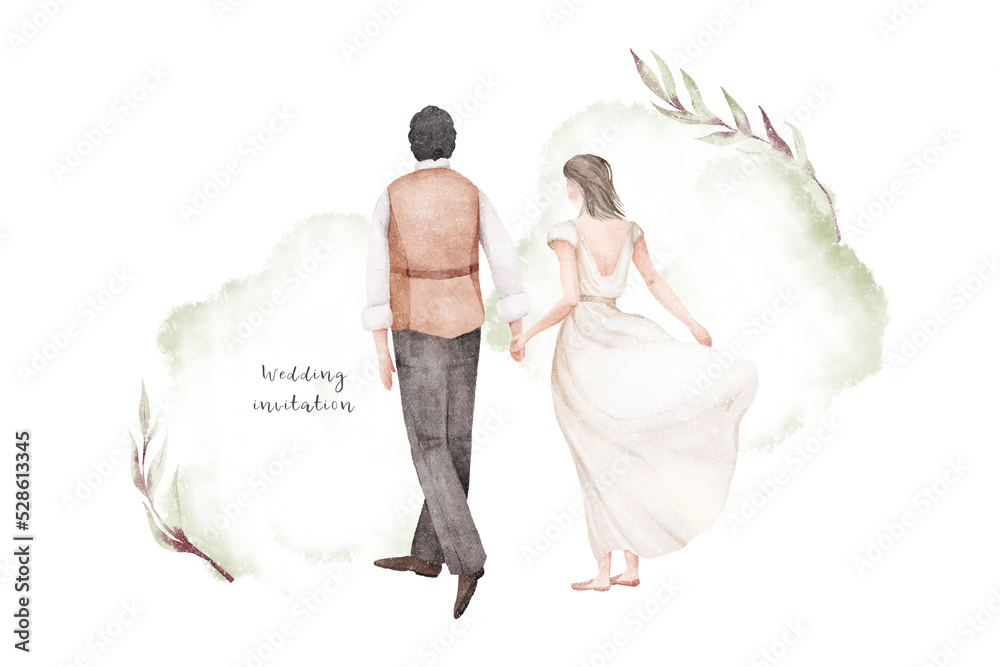 Watercolor hand drawn composition illustration of wedding couple ...