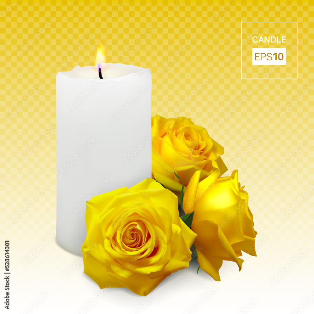 Realistic candle and yellow rosebuds on a transparent background ...