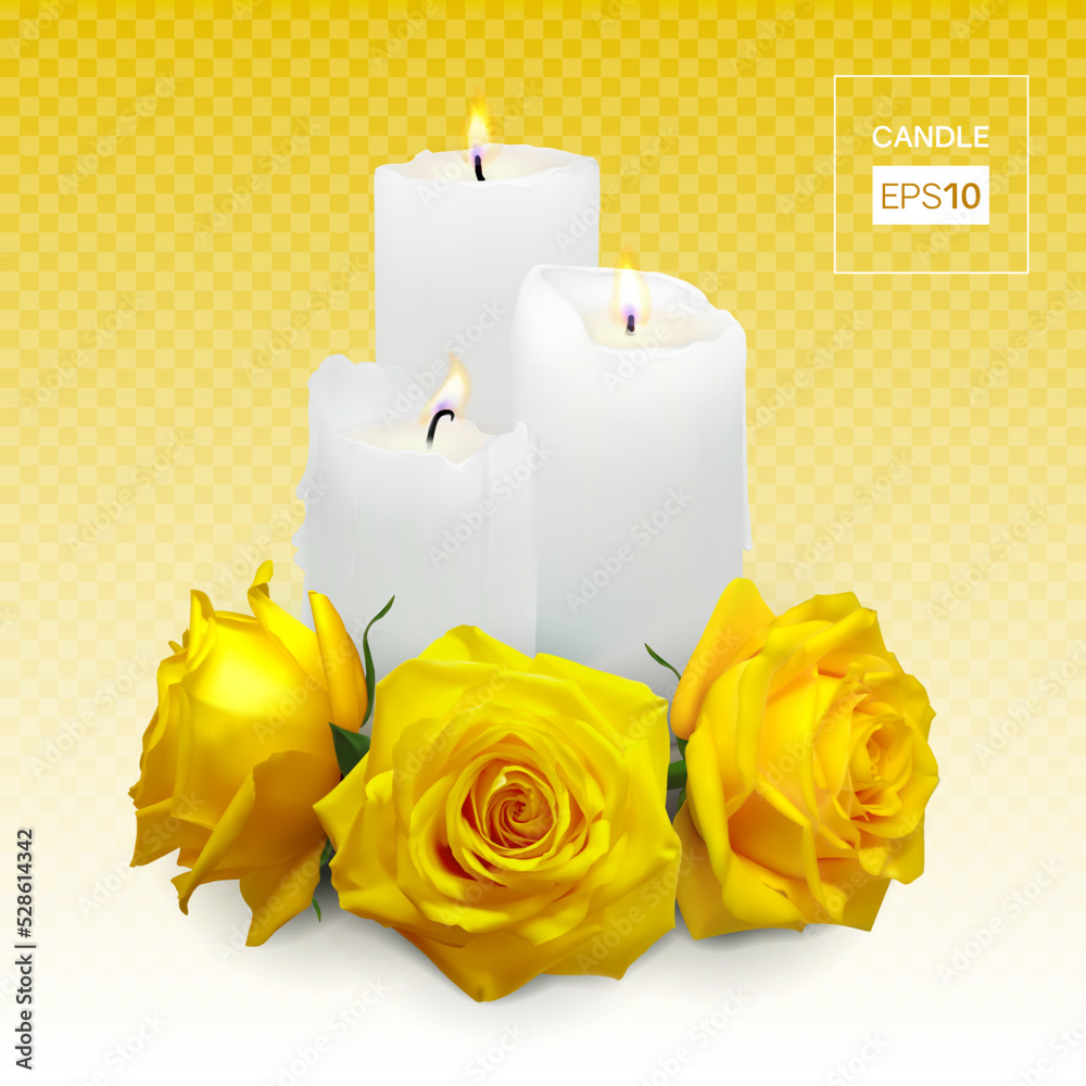 Realistic candles and yellow rosebuds on a transparent background ...