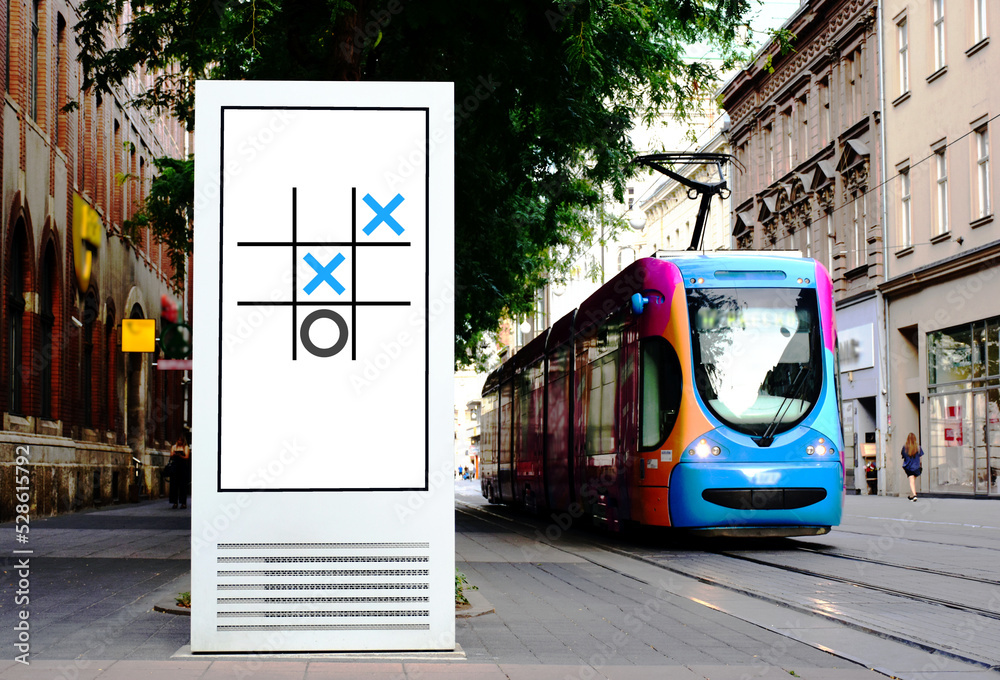 Tram stop with lightbox ad panel. poster and advertising billboard sign ...