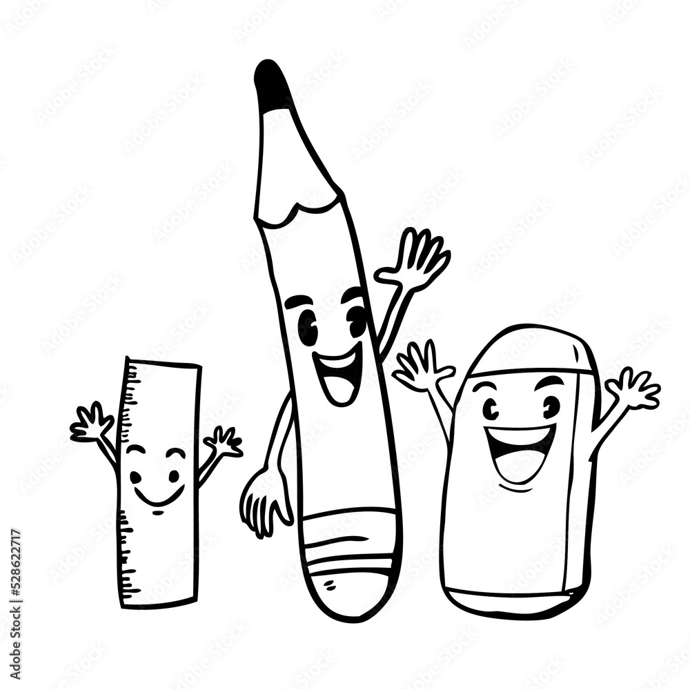 cartoon school supplies pencil, ruler, eraser Stock Illustration ...