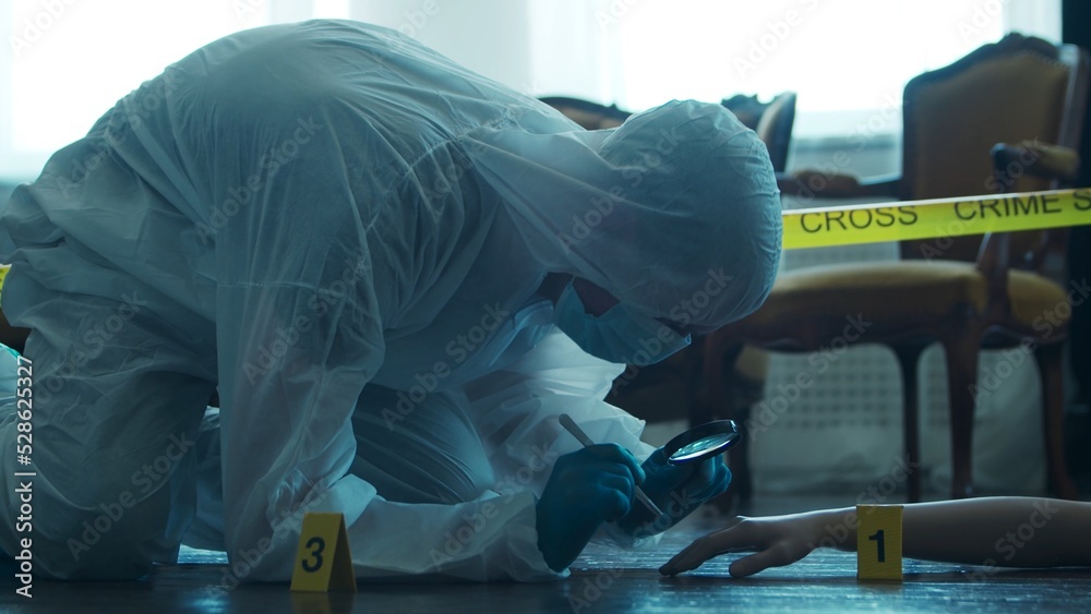 Detective Collecting Evidence in a Crime Scene. Forensic Specialists ...
