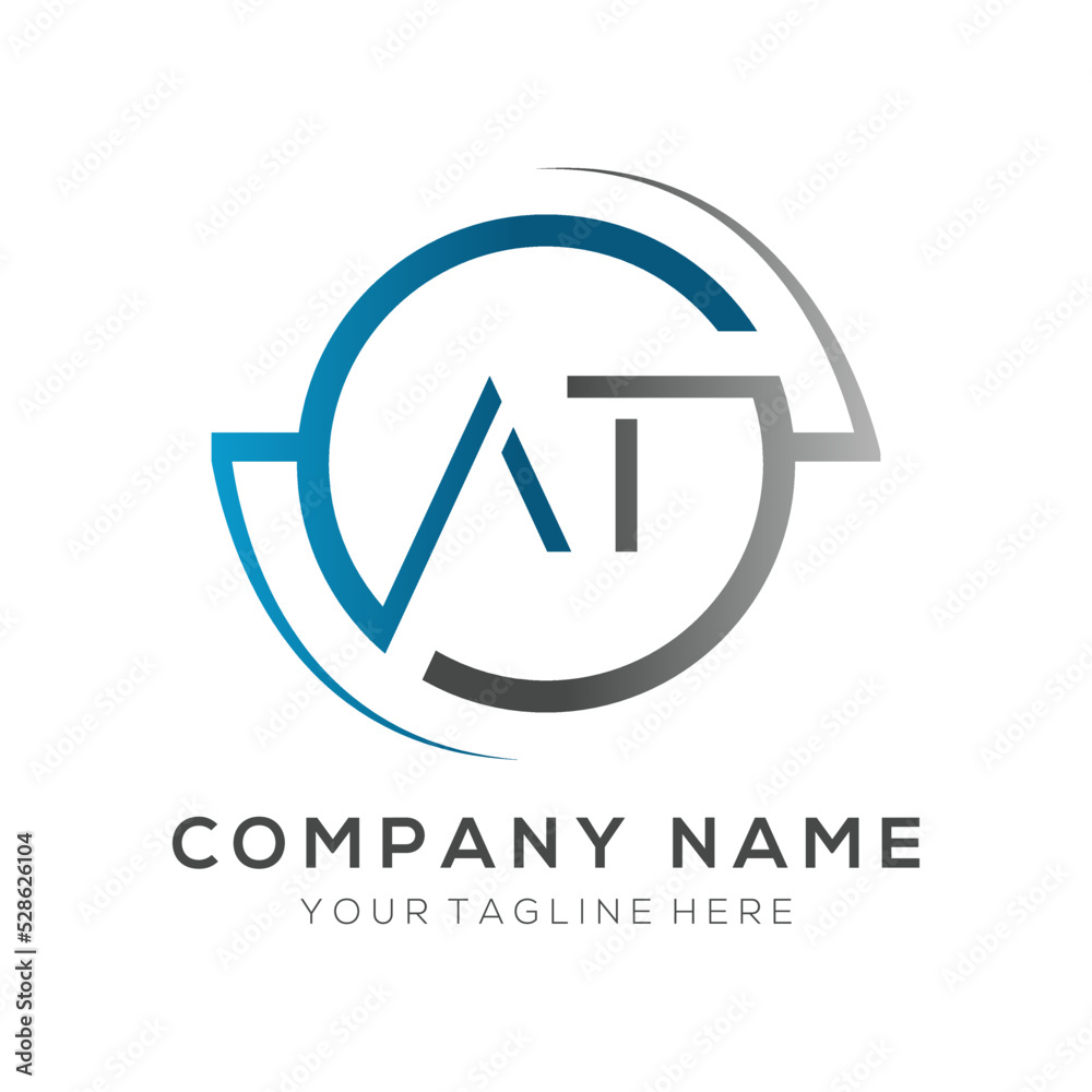 letter AT Logo Design Vector Template. Initial Blue And Silver Letter ...