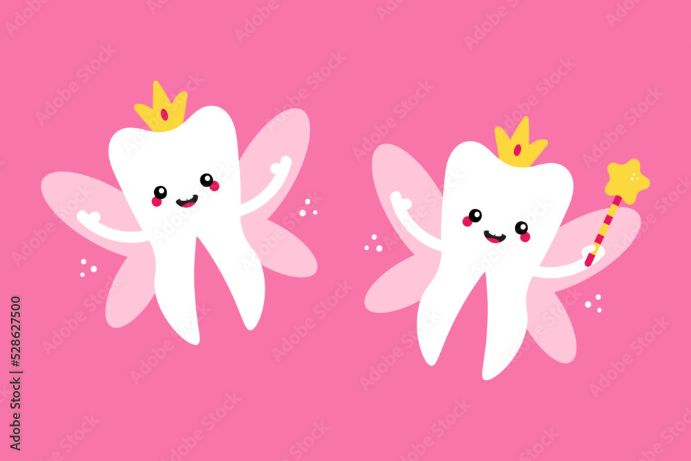 Couple of cute cartoon style tooth fairies, tooth queens with golden ...